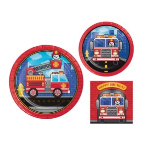 fire truck birthday party supplies for 8 people | bundle includes paper plates and napkins | flaming fire truck design