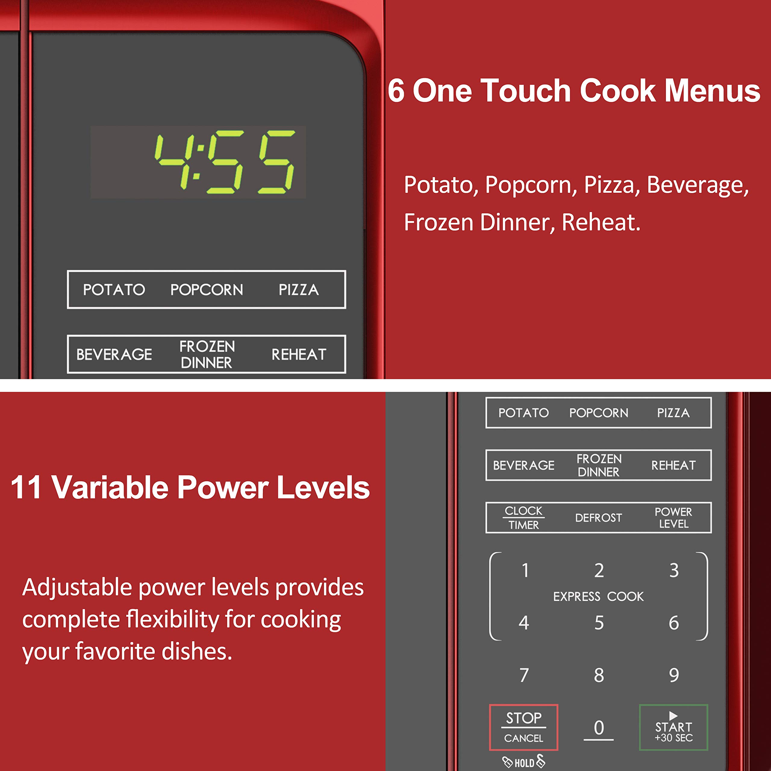 Willz Countertop Small Microwave Oven, 6 Preset Cooking Programs Interior Light LED Display 0.7 Cu.Ft 700W Red WLCMV807RD-07