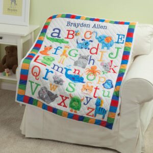 Personalized Planet Primary Color Boy's ABC Quilt with Custom Name Embroidered in Blue Thread on Rectangular Blanket with Alphabet Letters and Cartoon Animals, 31x40