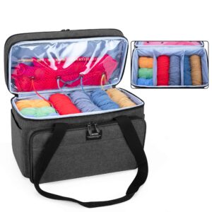 CURMIO Double-Layer Knitting Tote Bag, Yarn Storage Bag with Compartments for Crochet Hooks, Knitting Needles (Up to 14 Inches), Knitting Project and Accessories, Black (Bag Only, Patented Design)