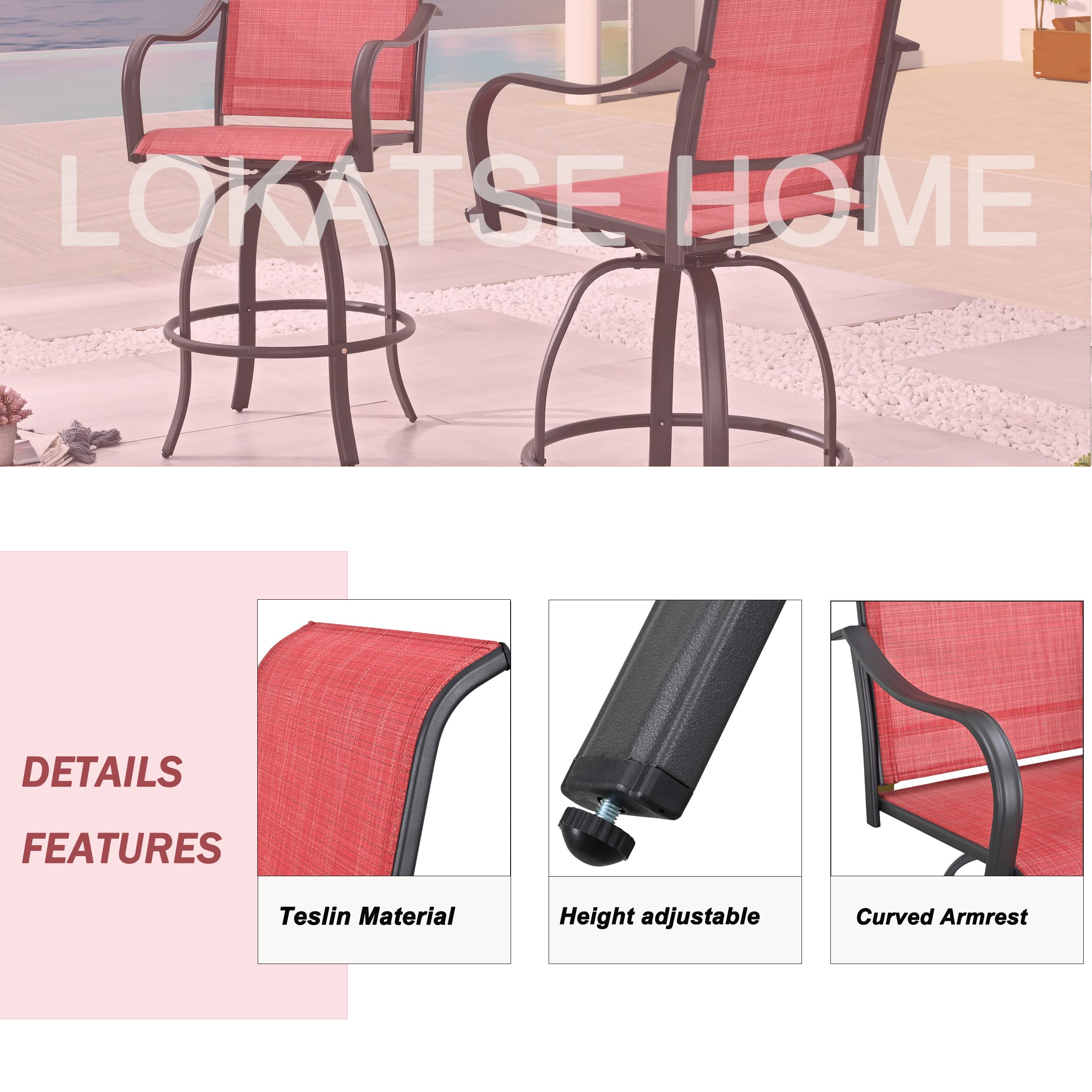 LOKATSE HOME Bar Height Bistro Patio Table Piece High Top with Swivel Outdoor Furniture Suitable for Backyard and Garden Red, Tesling, 3 Pcs Chair Set