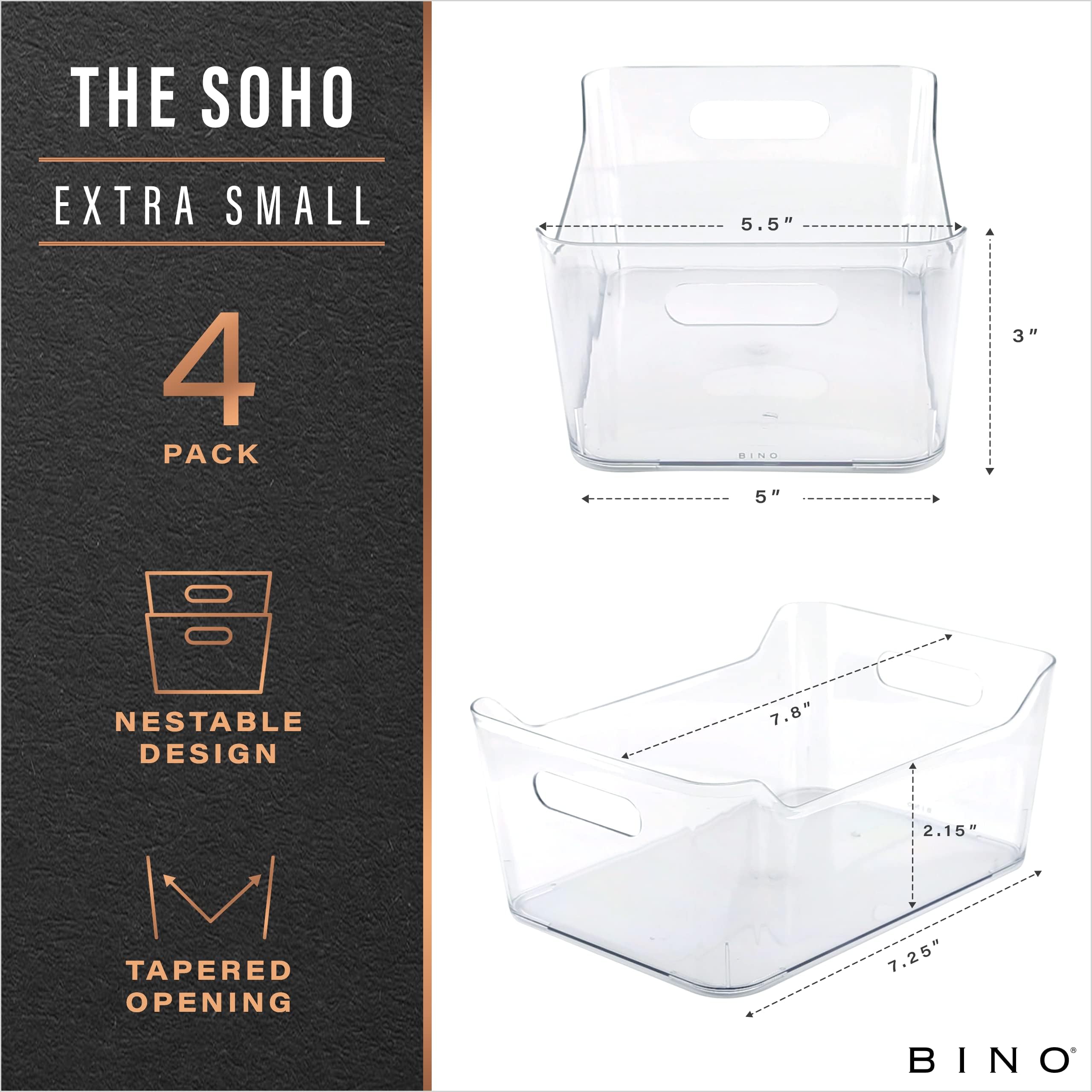 BINO | Plastic Organizer Bins, X-Small - 4 Pack | THE SOHO COLLECTION | Multi-Use Organizer Bins | Pantry Organizer & Freezer Organizer Bins | Plastic Storage Containers | Bins for Home & Kitchen Org