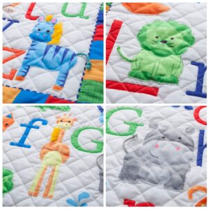 Personalized Planet Primary Color Boy's ABC Quilt with Custom Name Embroidered in Blue Thread on Rectangular Blanket with Alphabet Letters and Cartoon Animals, 31x40