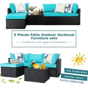 PRETZI 5 Pieces Patio Furniture Sets, Outdoor Sectional Sofa, All Weather Rattan Wicker Couch with Glass Table, Patio Conversation Set for Porch Backyard Garden Pool Deck Balcony