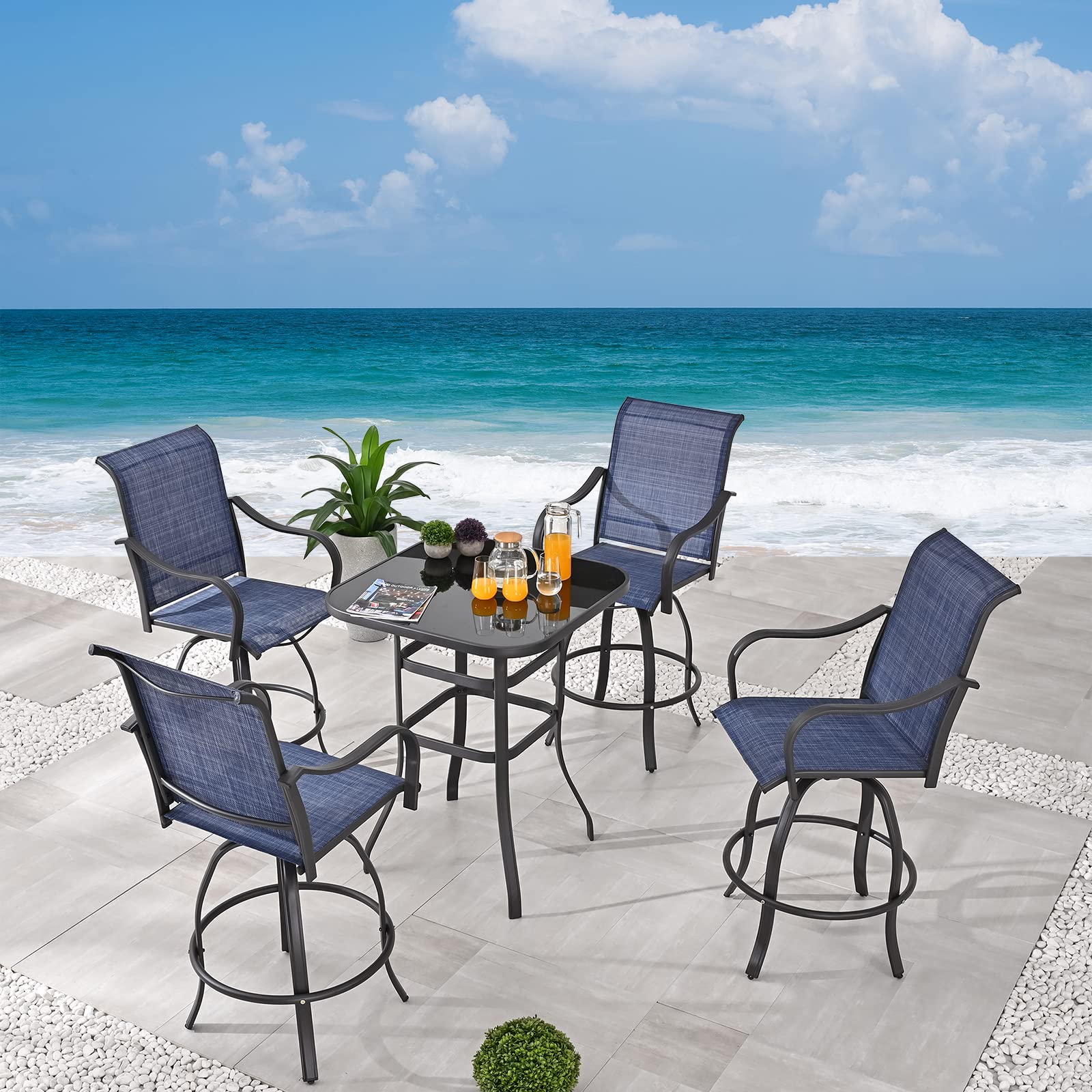 Festival Depot 5 Pcs Patio Bistro Set 360° Swivel Chairs and Bar Height Table with Tempered Glass Top Outdoor Furniture Dining Set (4 Chairs,1 Table) (Blue)