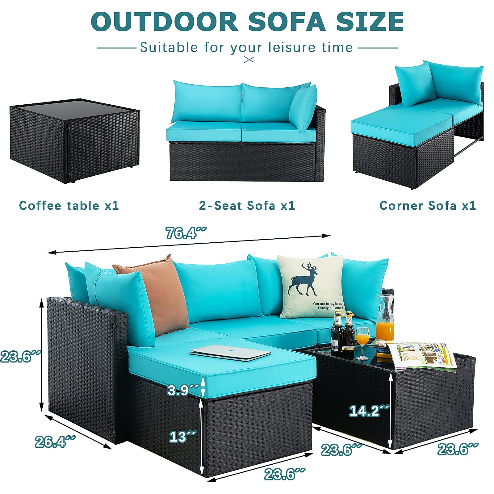 PRETZI 5 Pieces Patio Furniture Sets, Outdoor Sectional Sofa, All Weather Rattan Wicker Couch with Glass Table, Patio Conversation Set for Porch Backyard Garden Pool Deck Balcony