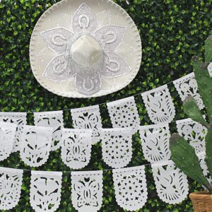 Mini white banners, 5 Pack Papel Picado Mini flag garlands, Fiesta decoration, Cinco de Mayo, Mexican Wedding, Taco Tuesday Features butterflies, flowers, suns and cactus.