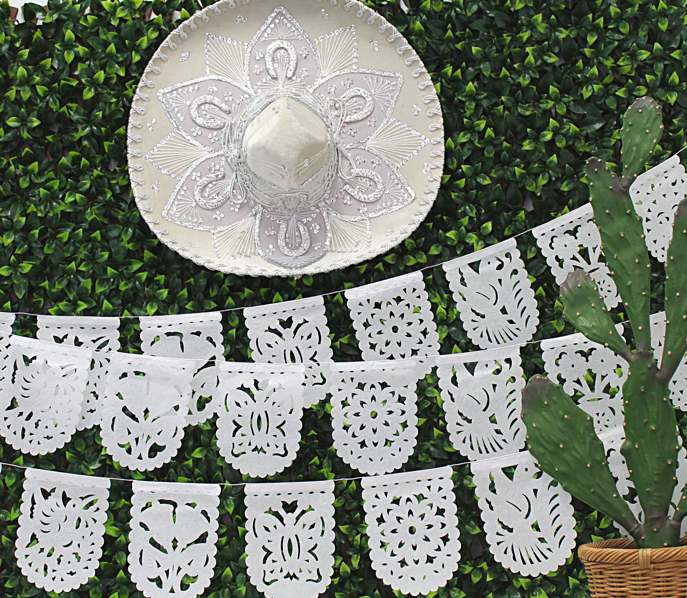 Mini white banners, 5 Pack Papel Picado Mini flag garlands, Fiesta decoration, Cinco de Mayo, Mexican Wedding, Taco Tuesday Features butterflies, flowers, suns and cactus.