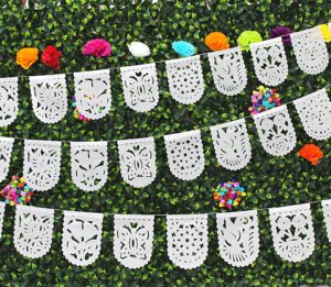 mini white banners, 5 pack papel picado mini flag garlands, fiesta decoration, cinco de mayo, mexican wedding, taco tuesday features butterflies, flowers, suns and cactus.