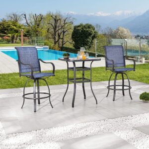 LOKATSE HOME Bar Stools 2 High Swivel 1 Height Outdoor Bistro Table, Patio Furniture, Blue Tesling Fabric, 3 Pcs Chair Set