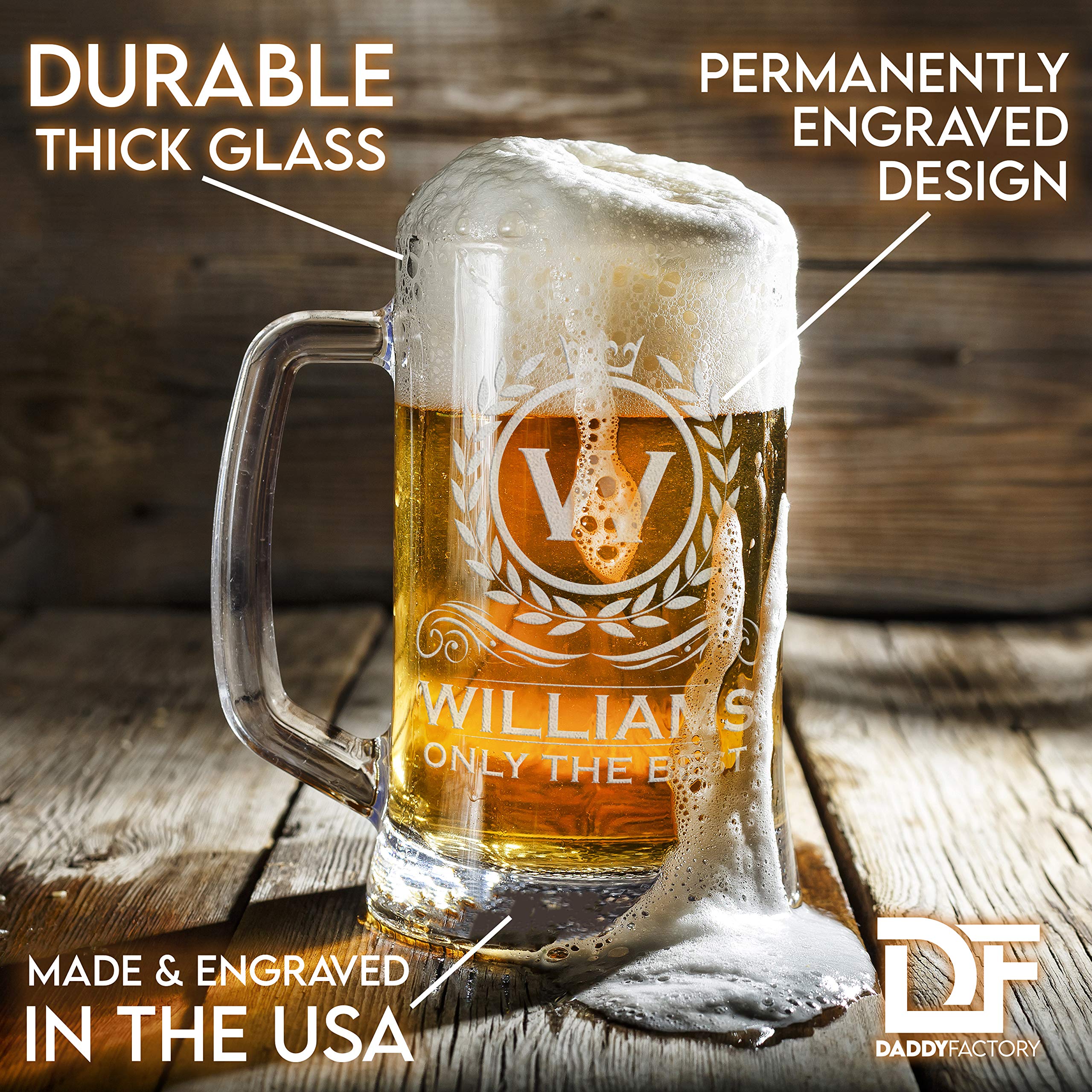 Personalized Custom Beer Mug Glass Cup, Engraved Etched Monogram 16 oz Classic Brew Mug Gift for Dad Drinker