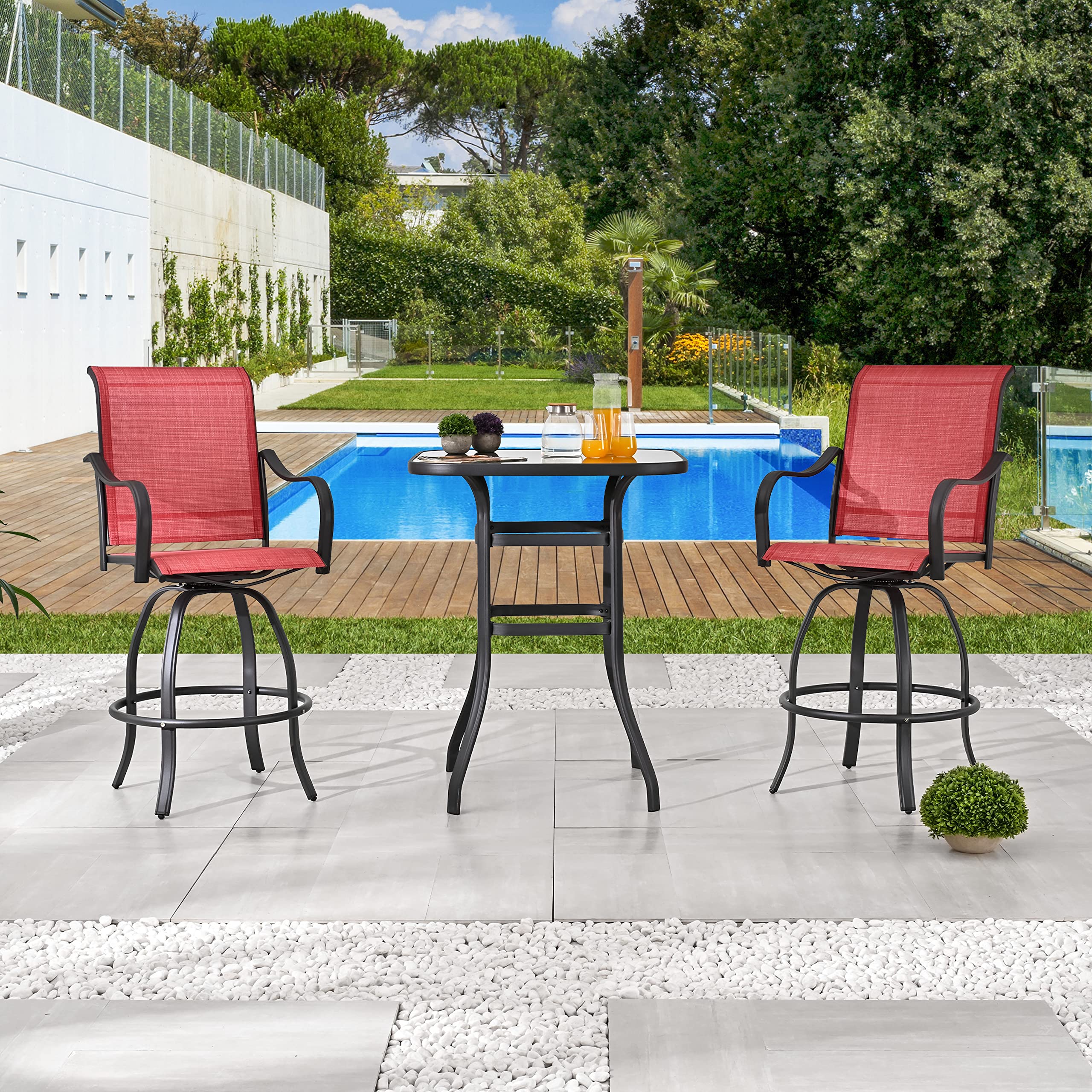 LOKATSE HOME Bar Height Bistro Patio Table Piece High Top with Swivel Outdoor Furniture Suitable for Backyard and Garden Red, Tesling, 3 Pcs Chair Set