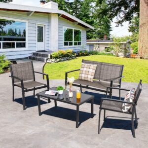 shintenchi 4 pieces patio furniture set all weather textile fabric outdoor conversation set, with glass coffee table, loveseat, 2 single chairs for home, garden, lawn, porch (brown）