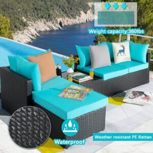 PRETZI 5 Pieces Patio Furniture Sets, Outdoor Sectional Sofa, All Weather Rattan Wicker Couch with Glass Table, Patio Conversation Set for Porch Backyard Garden Pool Deck Balcony