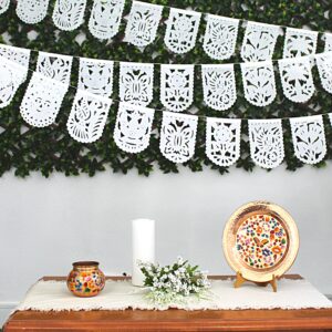 Mini white banners, 5 Pack Papel Picado Mini flag garlands, Fiesta decoration, Cinco de Mayo, Mexican Wedding, Taco Tuesday Features butterflies, flowers, suns and cactus.