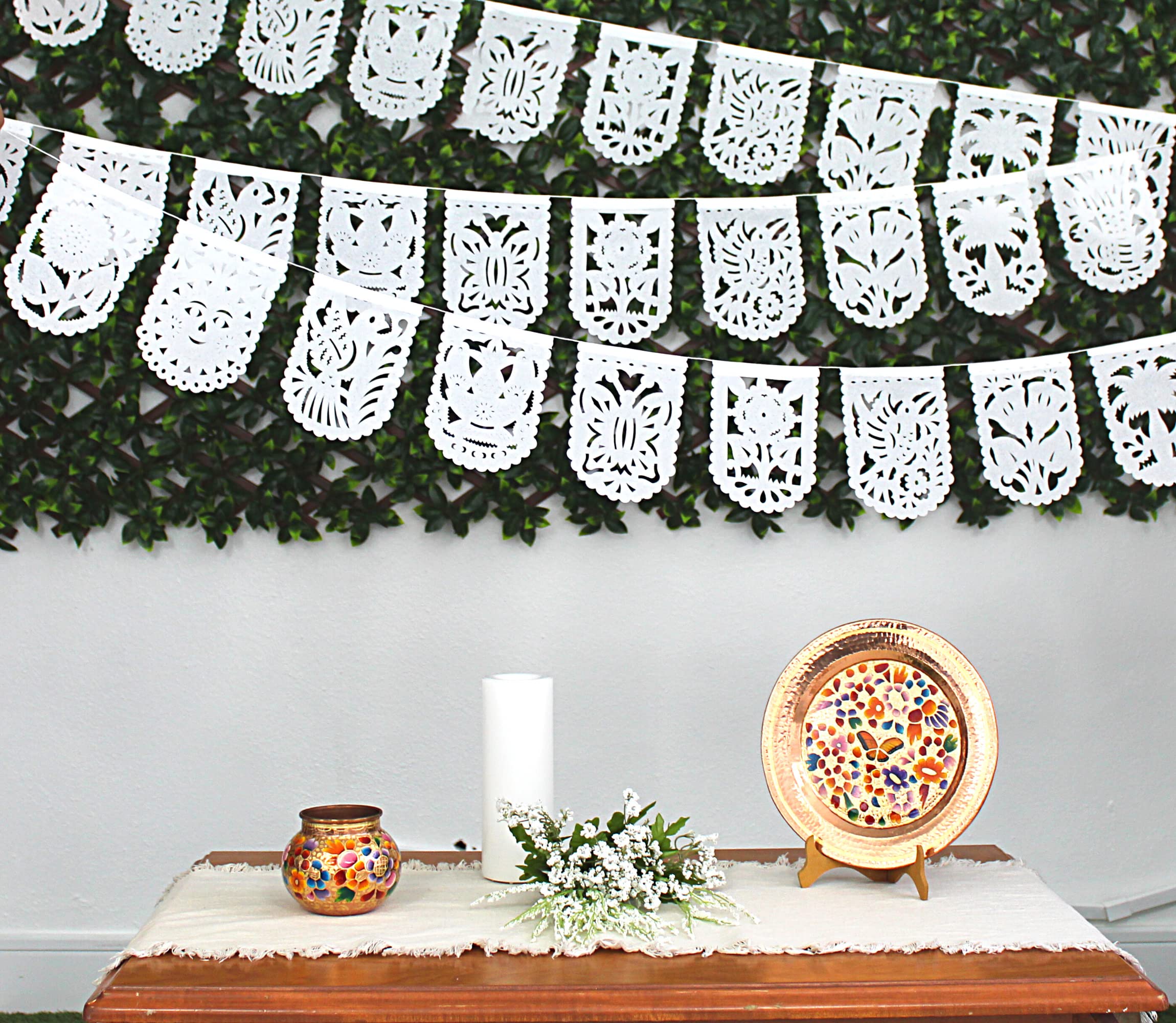 Mini white banners, 5 Pack Papel Picado Mini flag garlands, Fiesta decoration, Cinco de Mayo, Mexican Wedding, Taco Tuesday Features butterflies, flowers, suns and cactus.