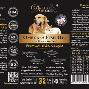 Deluxe Naturals Rich Omega-3 Fish Oil for Dogs & Cats | Natural EPA + DHA Fatty Acids for Shiny Coat, Reduce Itchy Skin, Support Joint Function, Immune & Heart Health, 32 FL OZ