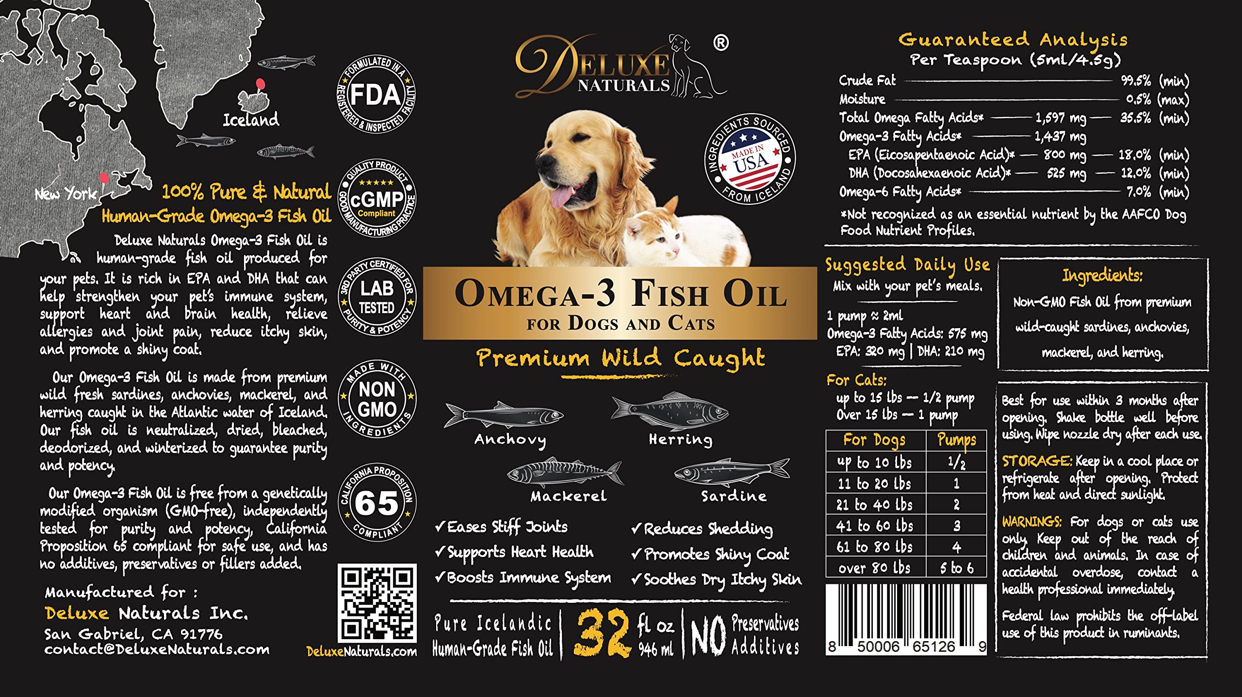 Deluxe Naturals Rich Omega-3 Fish Oil for Dogs & Cats | Natural EPA + DHA Fatty Acids for Shiny Coat, Reduce Itchy Skin, Support Joint Function, Immune & Heart Health, 32 FL OZ