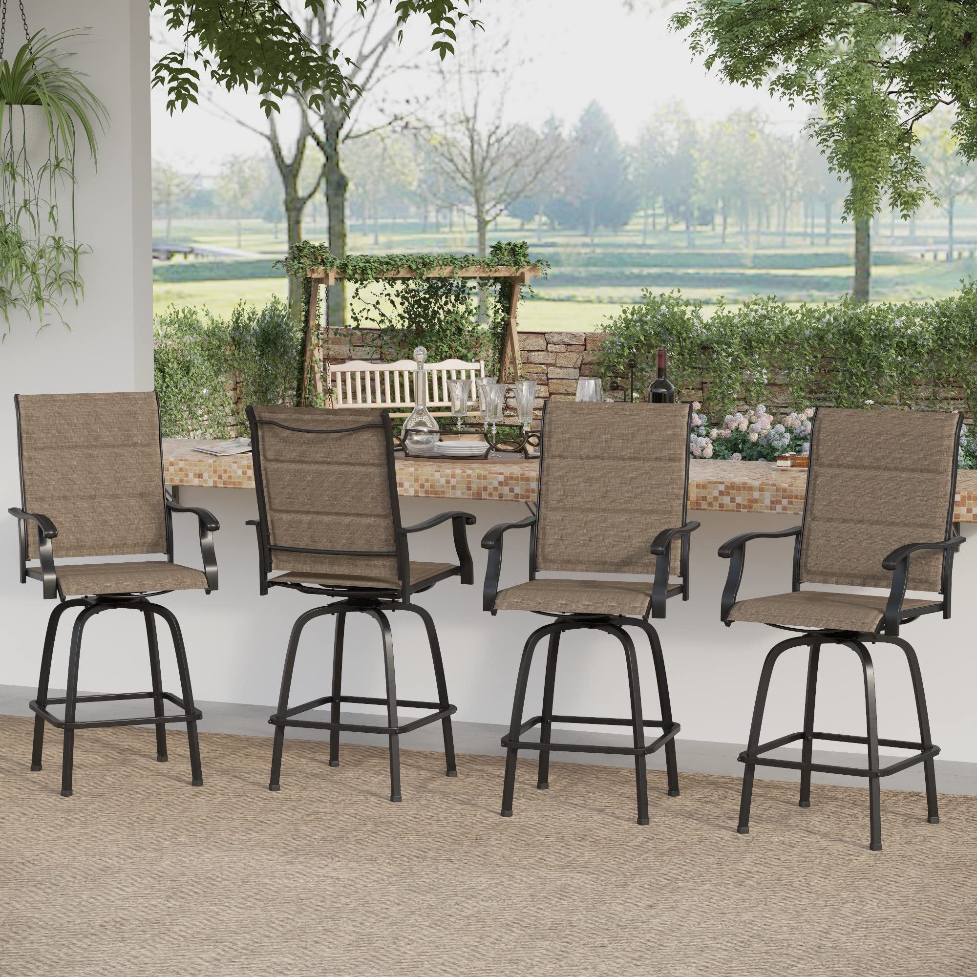 Sophia & William Outdoor Bar Stools Set of 4 with Padding, Swivel Bar Chairs, Tall Patio Chairs, Outdoor High Top Chairs, Supports 300 lbs (Brown Fabric)