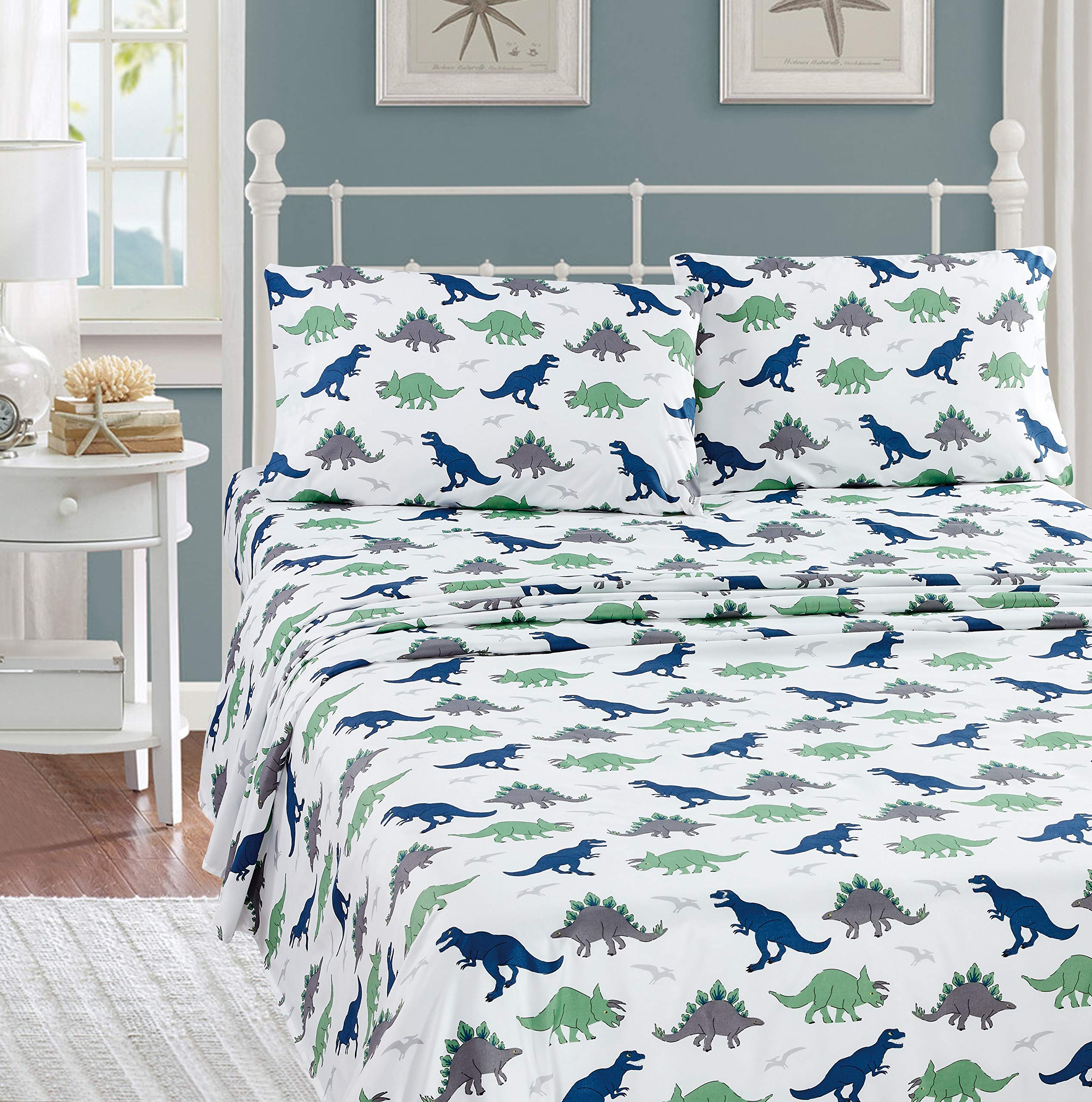 Linen Plus Sheet Set Kids/Teens Ancient Dinosaurs Green Blue Grey White New # T-rex Green (Twin)