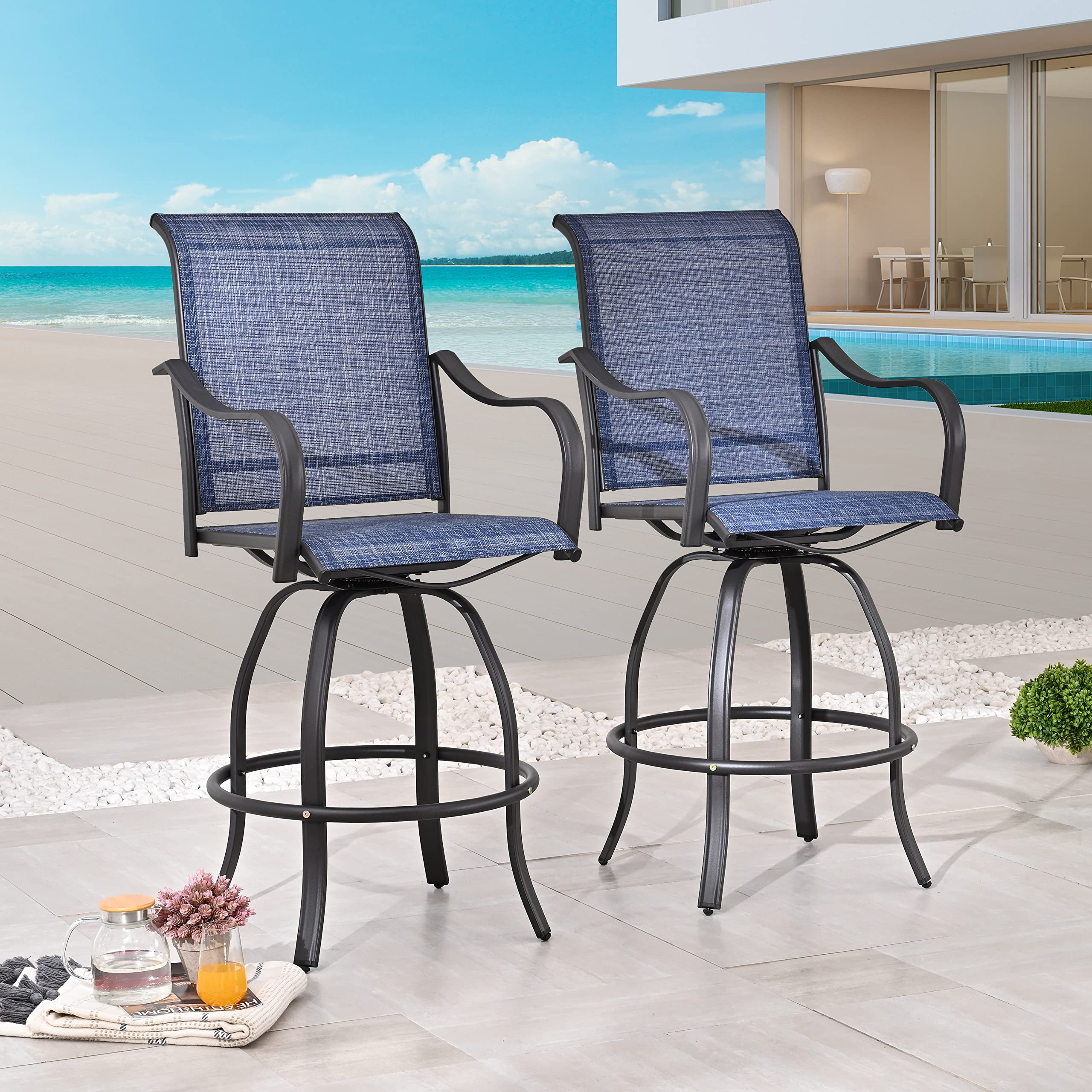 LOKATSE Home 2 Piece Bar Height Patio Chairs Outdoor Swivel Stools Set Furniture with All Weather Metal Frame, Blue Tesling Fabric