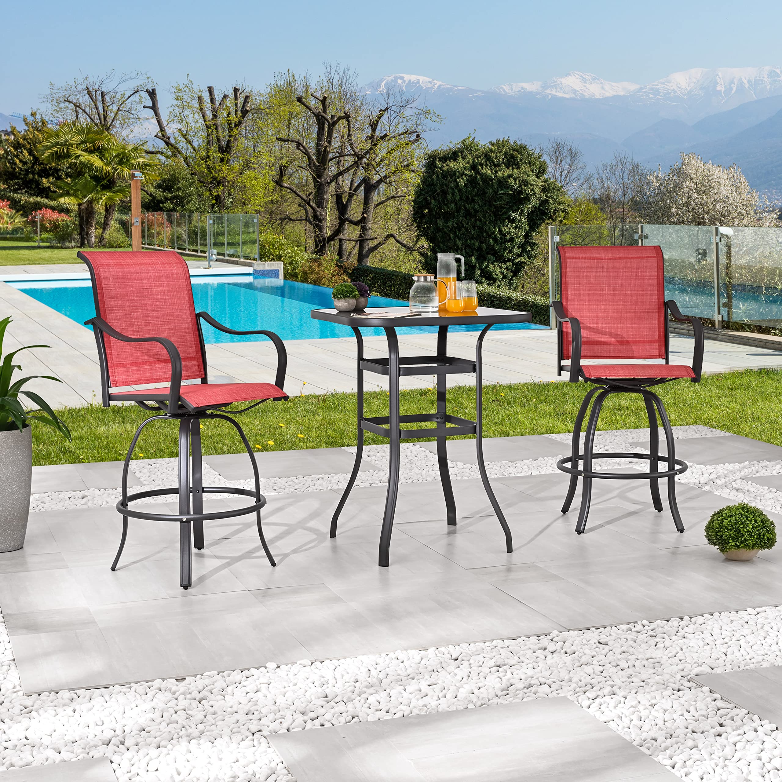 LOKATSE HOME Bar Height Bistro Patio Table Piece High Top with Swivel Outdoor Furniture Suitable for Backyard and Garden Red, Tesling, 3 Pcs Chair Set