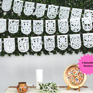 Mini white banners, 5 Pack Papel Picado Mini flag garlands, Fiesta decoration, Cinco de Mayo, Mexican Wedding, Taco Tuesday Features butterflies, flowers, suns and cactus.