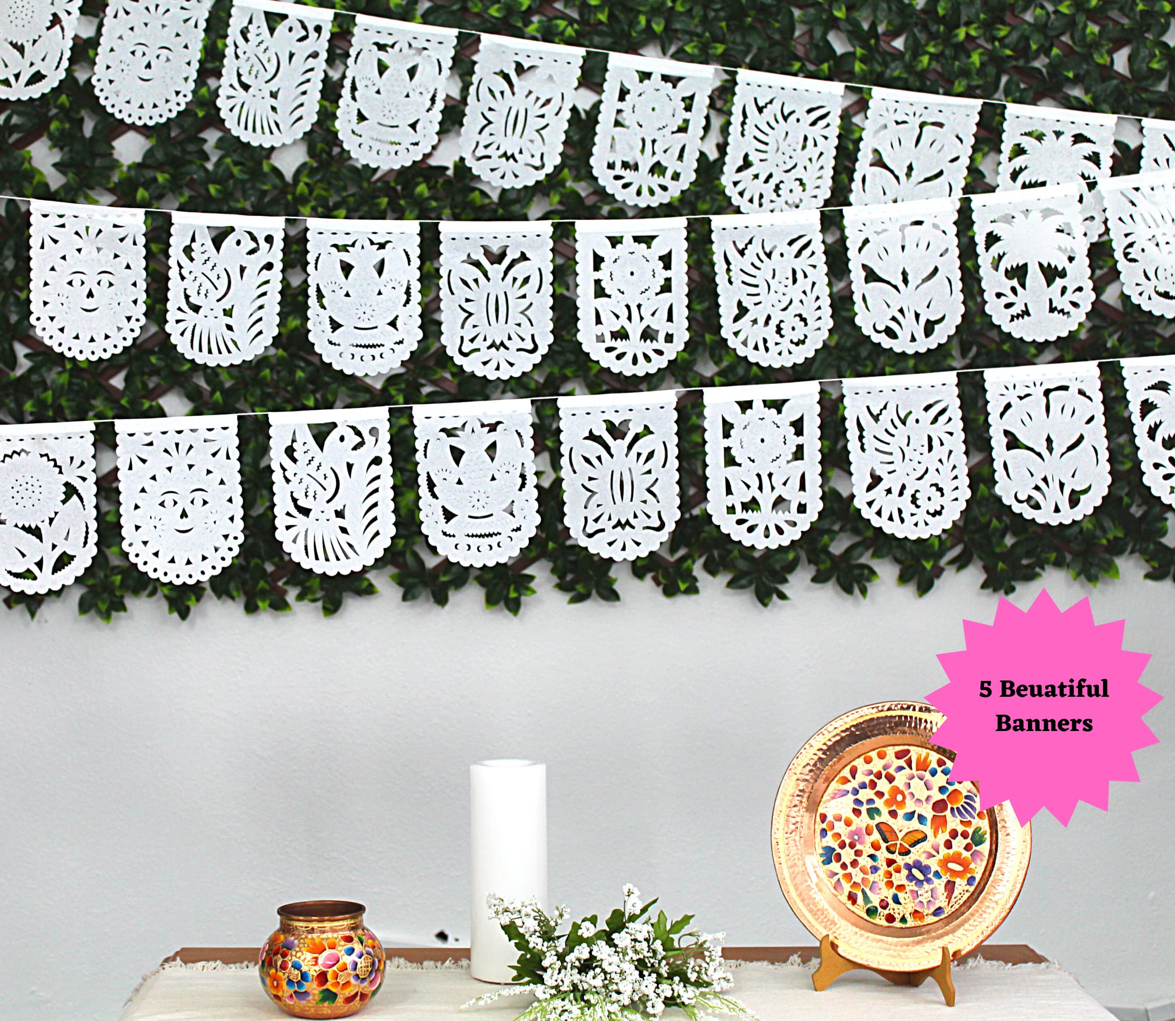 Mini white banners, 5 Pack Papel Picado Mini flag garlands, Fiesta decoration, Cinco de Mayo, Mexican Wedding, Taco Tuesday Features butterflies, flowers, suns and cactus.