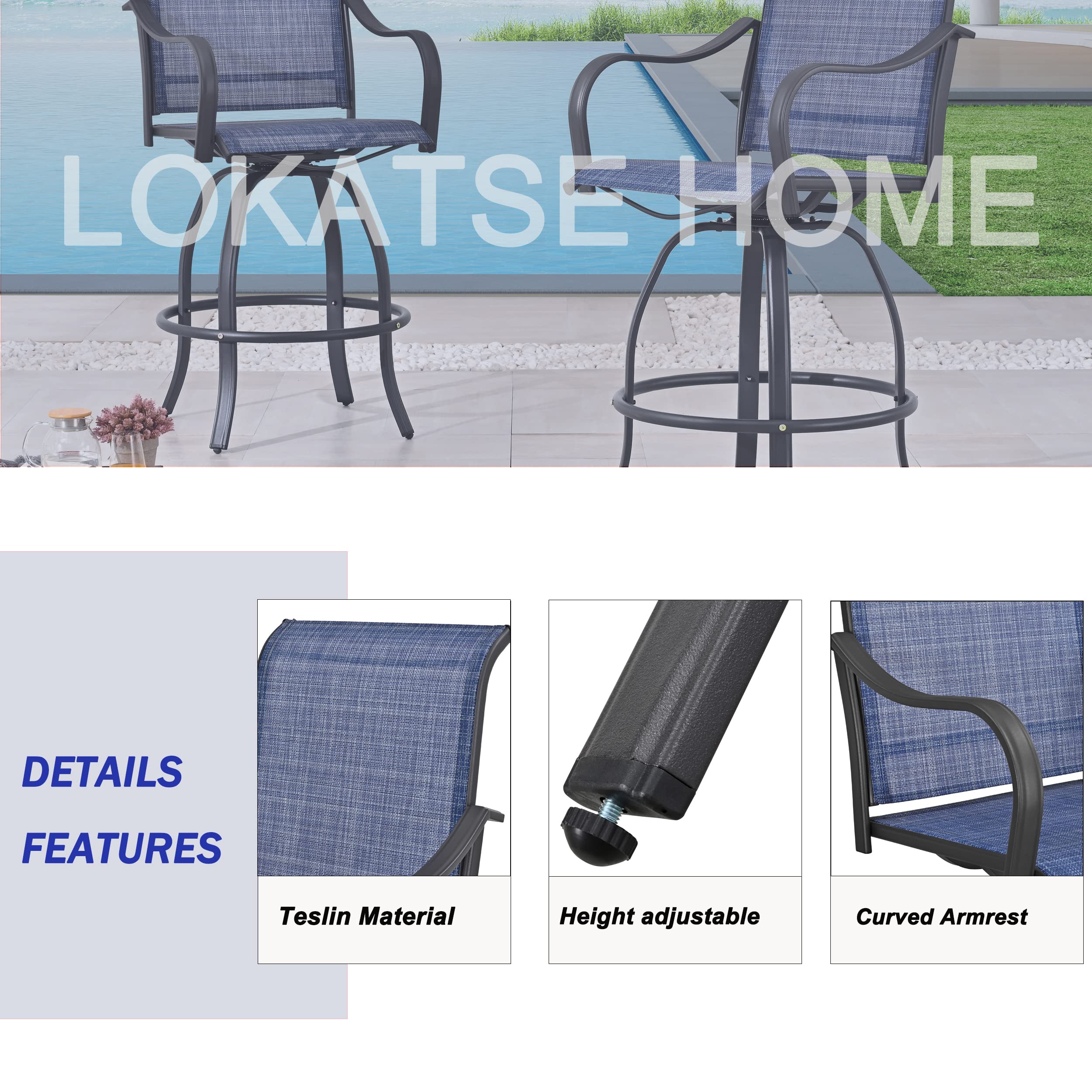 LOKATSE HOME Bar Stools 2 High Swivel 1 Height Outdoor Bistro Table, Patio Furniture, Blue Tesling Fabric, 3 Pcs Chair Set