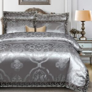 Beyeutao Jacquard Queen Size Duvet Cover Elegant Gray Bedding Set Lace Satin Duvet Set 3 Piece Duvet Cover Pillowcases.(Gray, Queen)