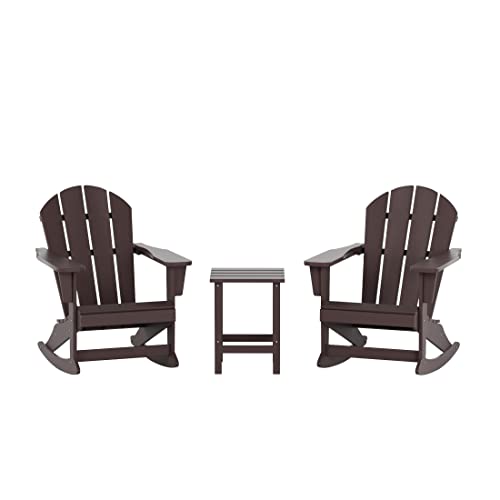 WO Home Furniture Patio Rocking Chair Set of 3 PCS Classic Outdoor Adirondack Rocker Chairs & Table (Dark Brown)