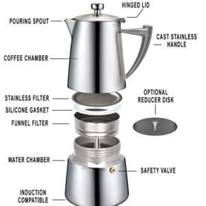 CUISINOX Roma Satin Stainless Steel Moka Pot Stovetop Espresso Maker, 4-Cup (6 oz)