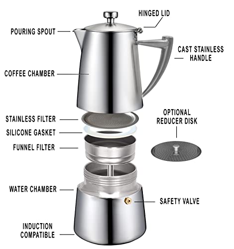 CUISINOX Roma Satin Stainless Steel Moka Pot Stovetop Espresso Maker, 4-Cup (6 oz)