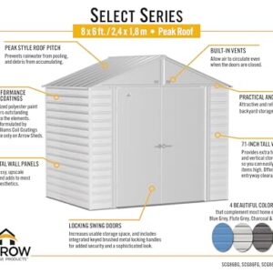 Arrow Select 8' x 6' Outdoor Lockable Steel Storage Shed Building, Flute Grey