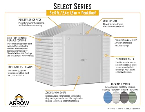 Arrow Select 8' x 6' Outdoor Lockable Steel Storage Shed Building, Flute Grey