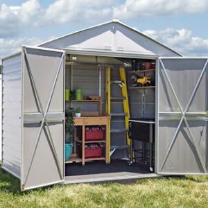 Arrow Select 8' x 6' Outdoor Lockable Steel Storage Shed Building, Flute Grey