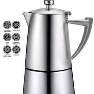 CUISINOX Roma Satin Stainless Steel Moka Pot Stovetop Espresso Maker, 4-Cup (6 oz)