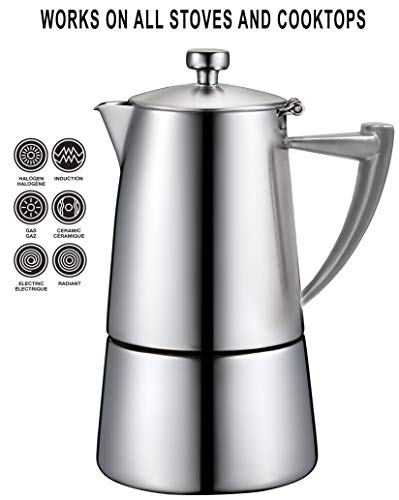 CUISINOX Roma Satin Stainless Steel Moka Pot Stovetop Espresso Maker, 4-Cup (6 oz)