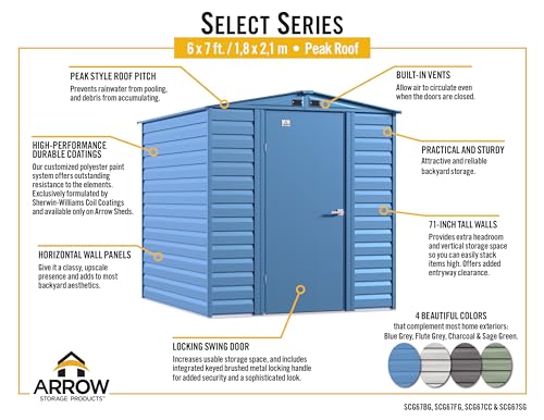 Arrow Select 6' x 7' Outdoor Lockable Steel Storage Shed Building, Charcoal