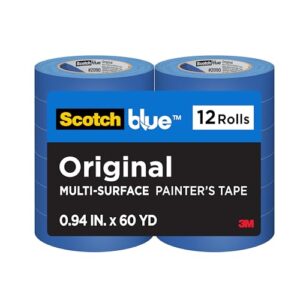 scotchblue original multi-surface painter's tape, 0.94 inches x 60 yards, 12 rolls, blue, paint tape protects surfaces and removes easily, multi-surface painting tape for indoor and outdoor use