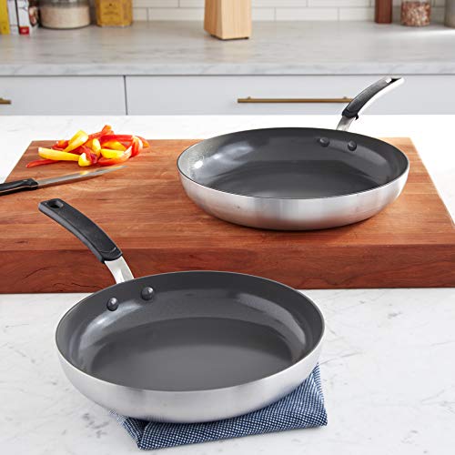 GreenPan Levels Stackable Tri-Ply Stainless Steel, Healthy Ceramic Nonstick, 10" and 12" Frying Pan Skillet Set, PFAS-Free, Dishwasher Safe, Silver