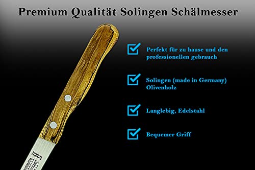 SMI - Paring Knife Fruit Knife Vegetable Knife Olive Wooden Handle Stainless Steel Solingen Knife Made in Germany - Not Dishwasher Safe