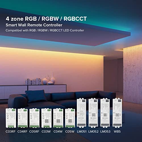 BTF-LIGHTING WR01RF Wireless 2.4G RF 4 Zones RGB RGBW RGBCCT Wall Mounted Smart Panel Remote Powered by 2XAAA Batteries 3V Work with WB5 LM052 LM053 C03RF C04RF C05RF C03W C04W C05W Controller