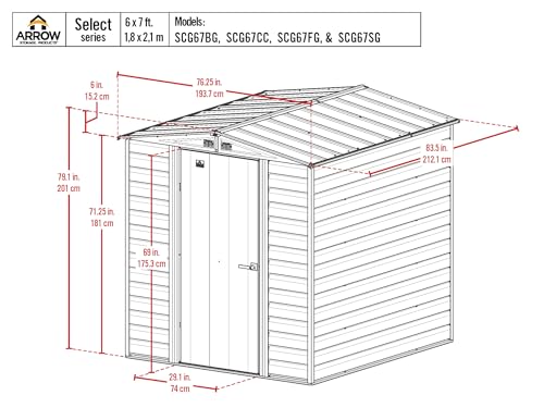 Arrow Select 6' x 7' Outdoor Lockable Steel Storage Shed Building, Charcoal