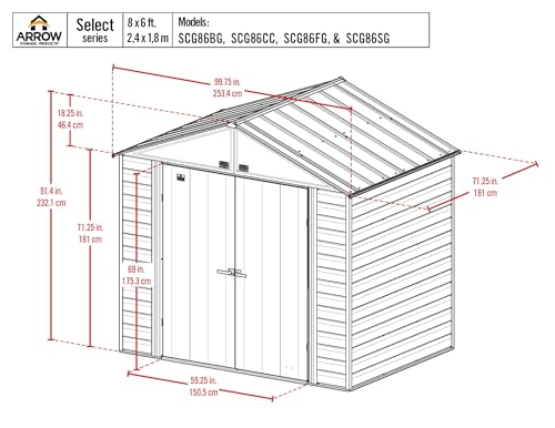 Arrow Select 8' x 6' Outdoor Lockable Steel Storage Shed Building, Flute Grey