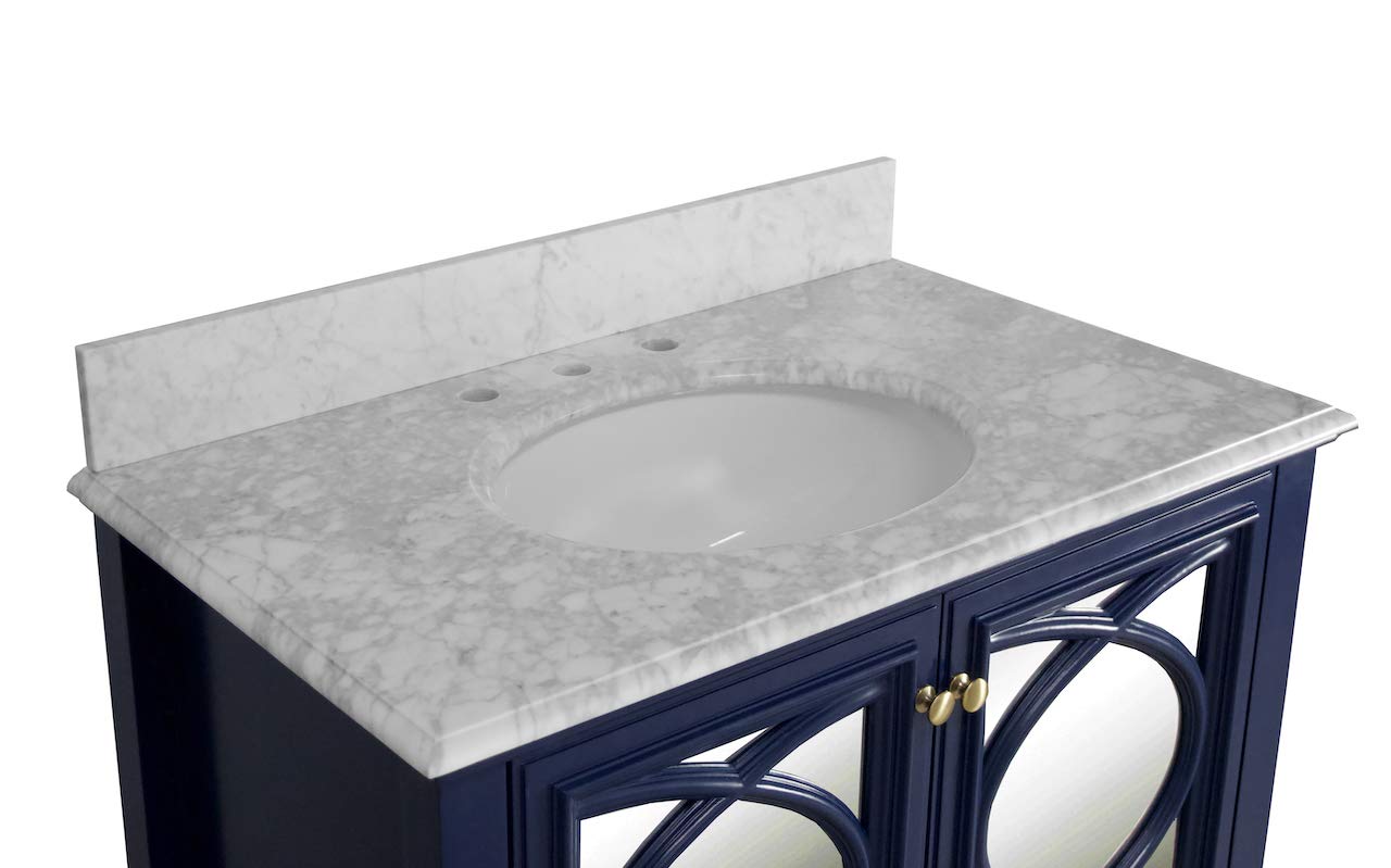 Olivia 36-inch Bathroom Vanity (Carrara/Royal Blue): Includes Royal Blue Cabinet with Authentic Italian Carrara Marble Countertop and White Ceramic Sink