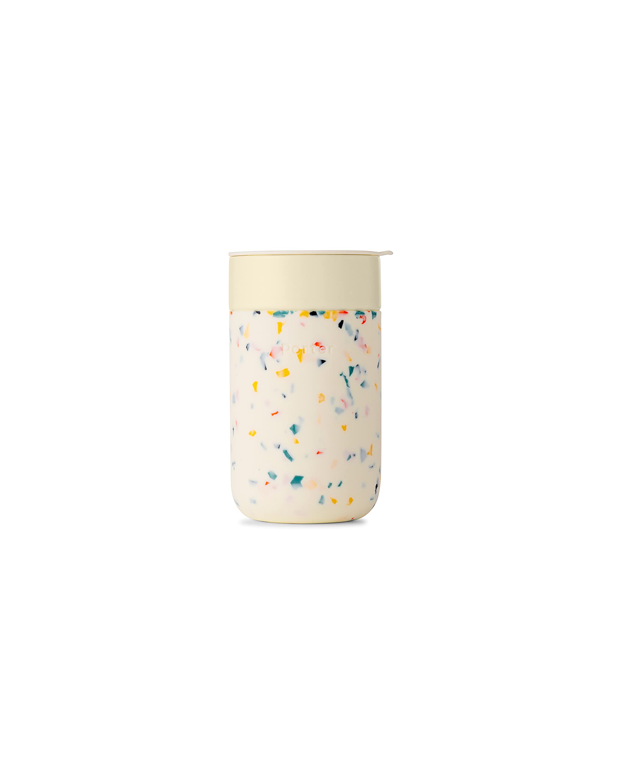 W&P Porter Travel Protective Silicone Sleeve, 16 Ounce Terrazzo Cream, Reusable Cup for Coffee or Tea, Portable Ceramic Mug with BPA-Free Press-Fit Lid, Dishwasher Safe, On-The-Go