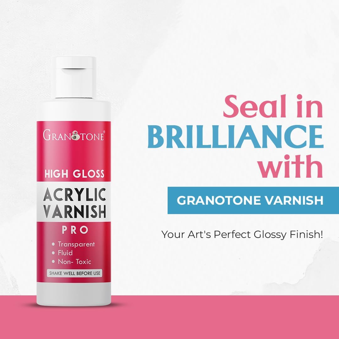 GRANOTONE Acrylic Artist's Varnish | Non-Yellowing | Non-Toxic | Anti-Crazing | High Gloss Finish | Suitable for Pro Artists, Hobby Painters & Kids | Made in India | 100 ML