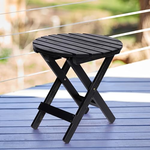 Shine Company Round Wooden Folding Solid Wood Side Table, Outdoor Adirondack Small Patio Table, Black