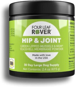 four leaf rover hip & joint - mobility & joint support with glucosamine and chondroitin for dogs, 2.4 oz - 22 to 60 day supply, depending on dog’s weight - vet formulated - easy to mix - delicious